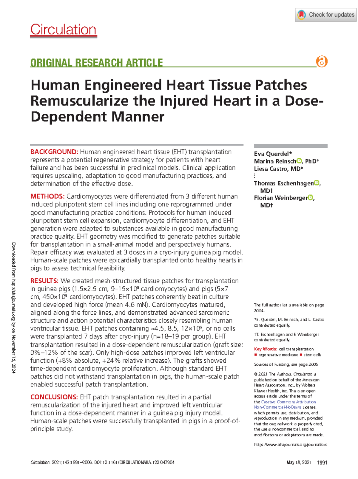 Human Engineered Heart Tissue Patches Querdel 2021 - Circulation. 2021 ...