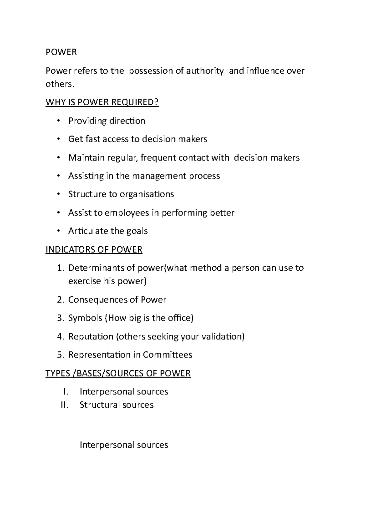 Organizational behaviour notes - POWER Power refers to the possession ...