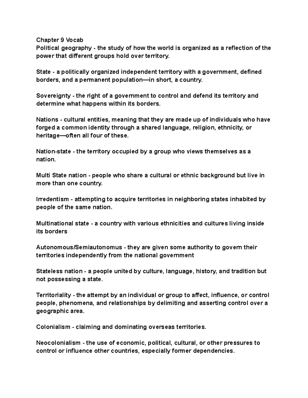 Chapter 9 and Chapter 10 - Chapter 9 Vocab Political geography - the ...