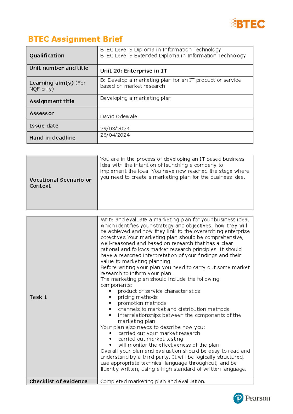 Assignment B Brief - ttr - BTEC Assignment Brief Qualification BTEC ...