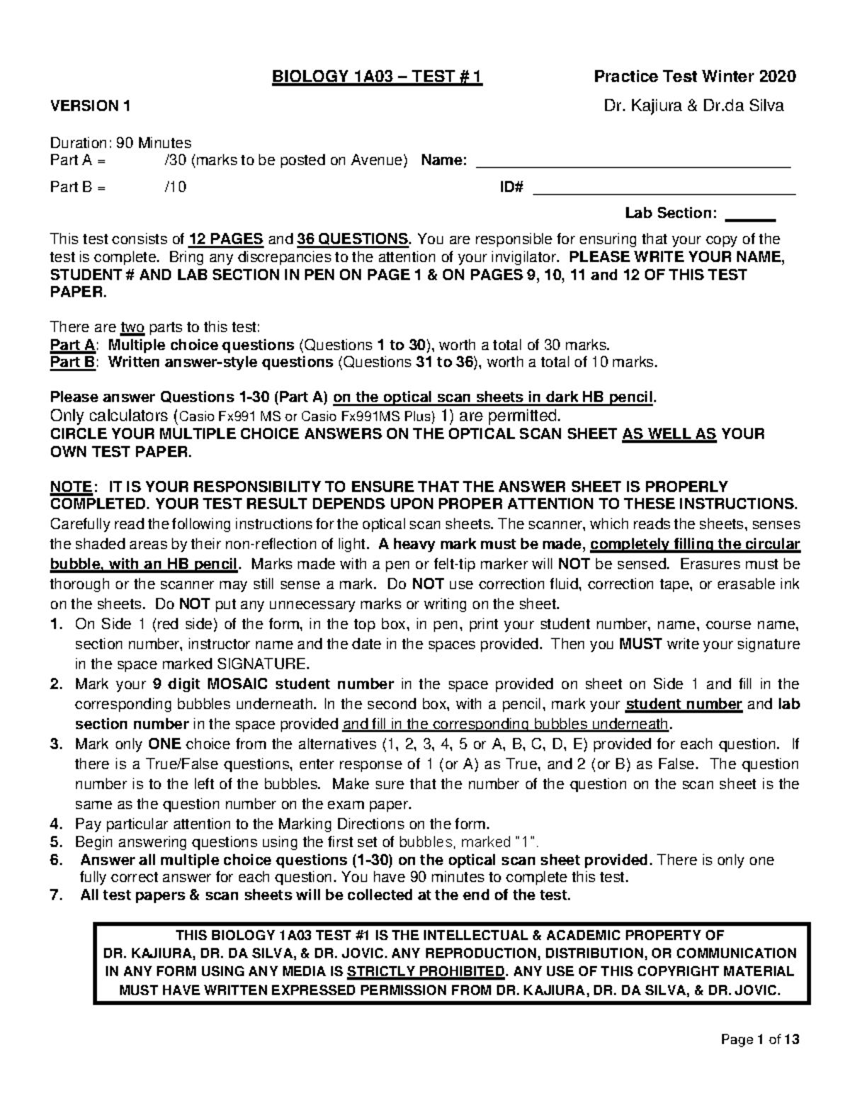 Test 1 12 October Winter 2019, questions - BIOLOGY 1A 03 – TEST # 1 ...