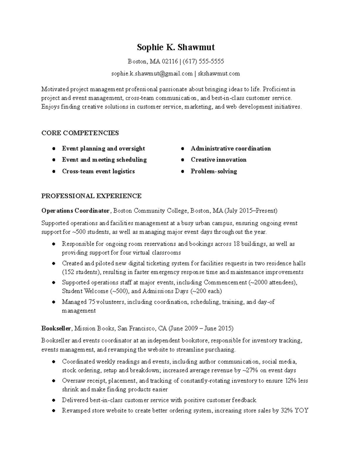 Activity-Exemplar -Project-management-resume - Sophie K. Shawmut Boston ...