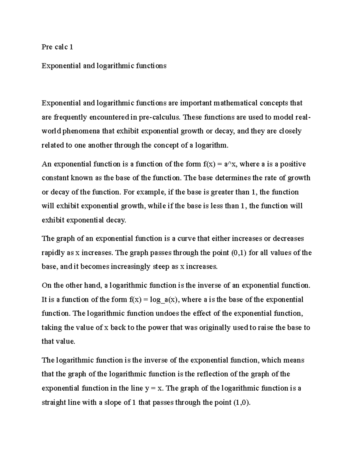 Pre calc Exponential and log functions - Pre calc 1 Exponential and ...