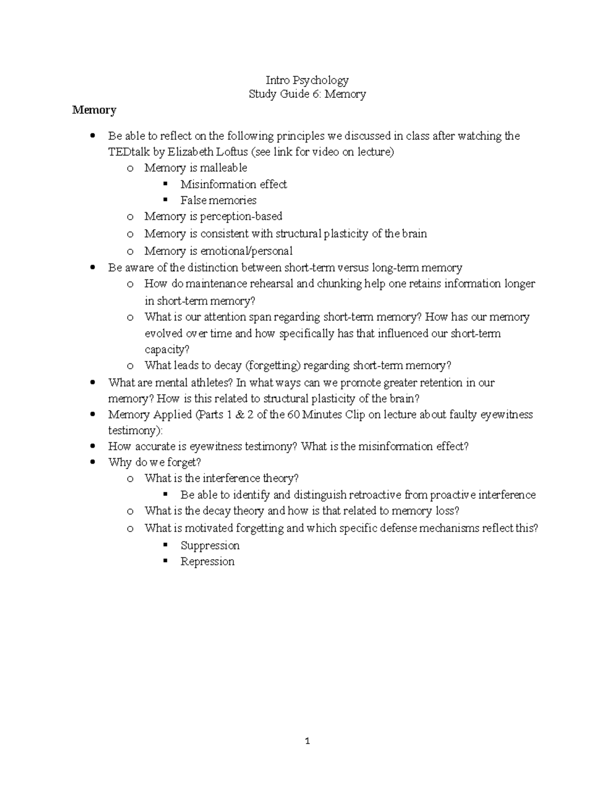 Study Guide 6Memory - Review - Intro Psychology Study Guide 6: Memory ...