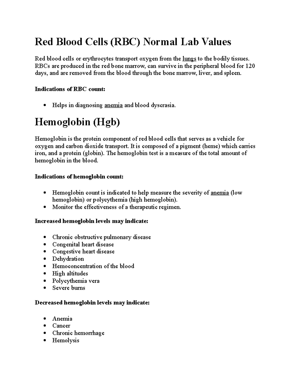 Lab Value Etc - Red Blood Cells (RBC) Normal Lab Values Red blood cells ...