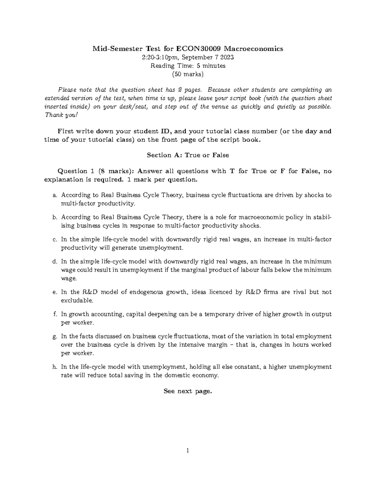 MST Questions ECON30009 - Mid-Semester Test for ECON30009 ...