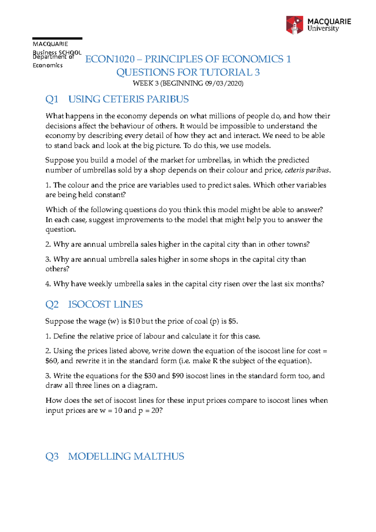 ECON1020 S1 2020 Tutorial 3 - Questions - MACQUARIE Business ...