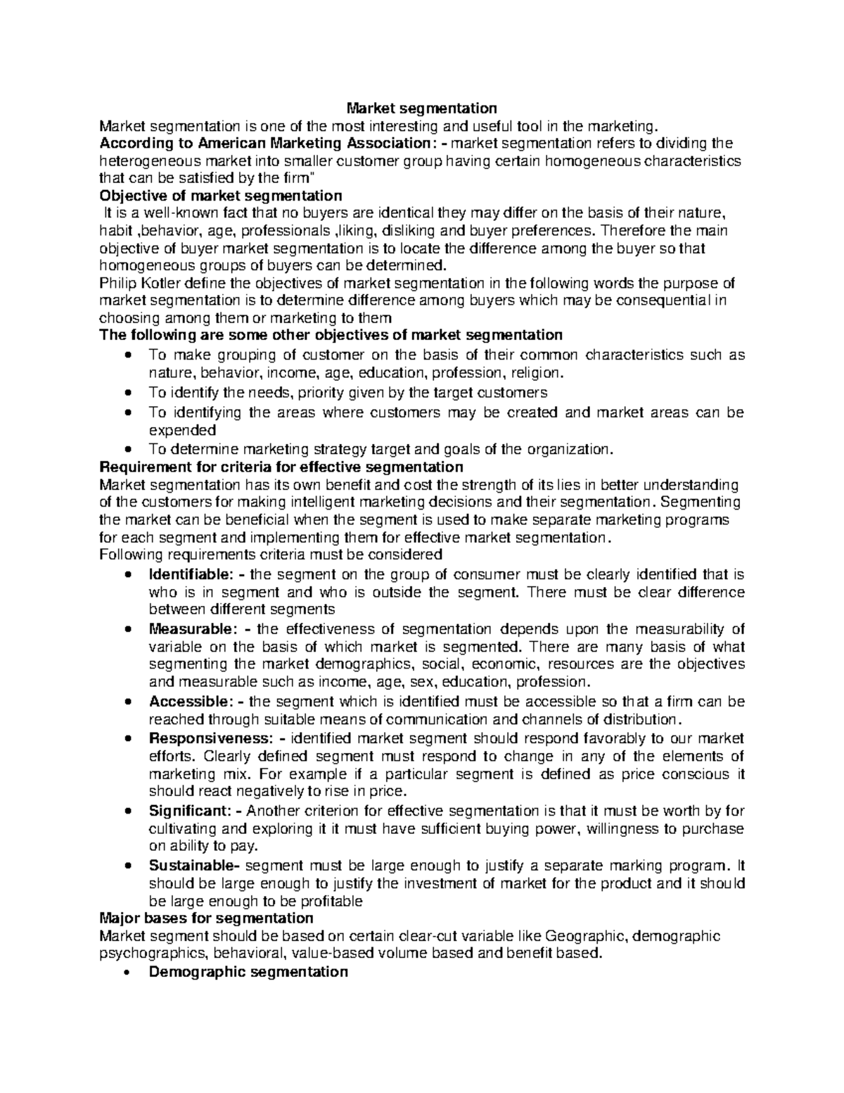 Market Segmentation - It is lecture notes - Market segmentation Market ...