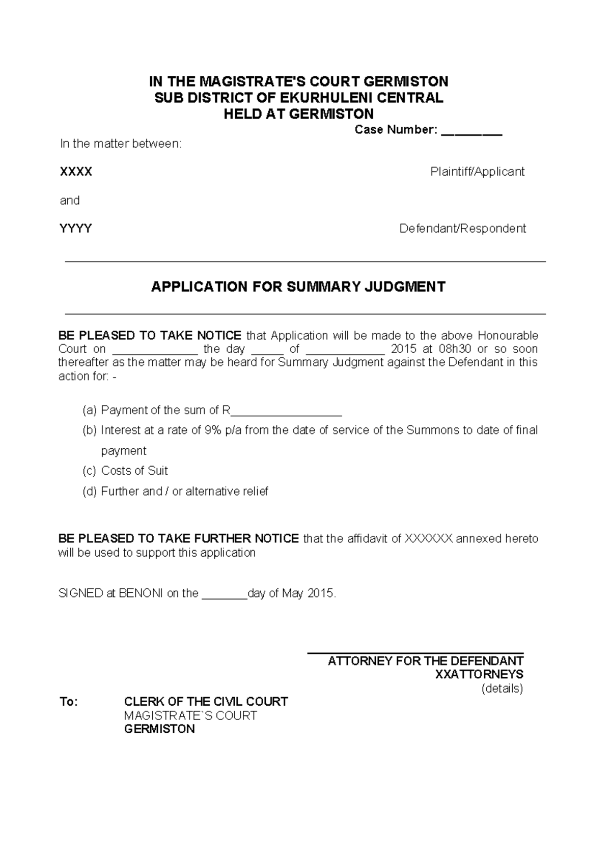 Application for SJ - IN THE MAGISTRATE'S COURT GERMISTON SUB DISTRICT ...