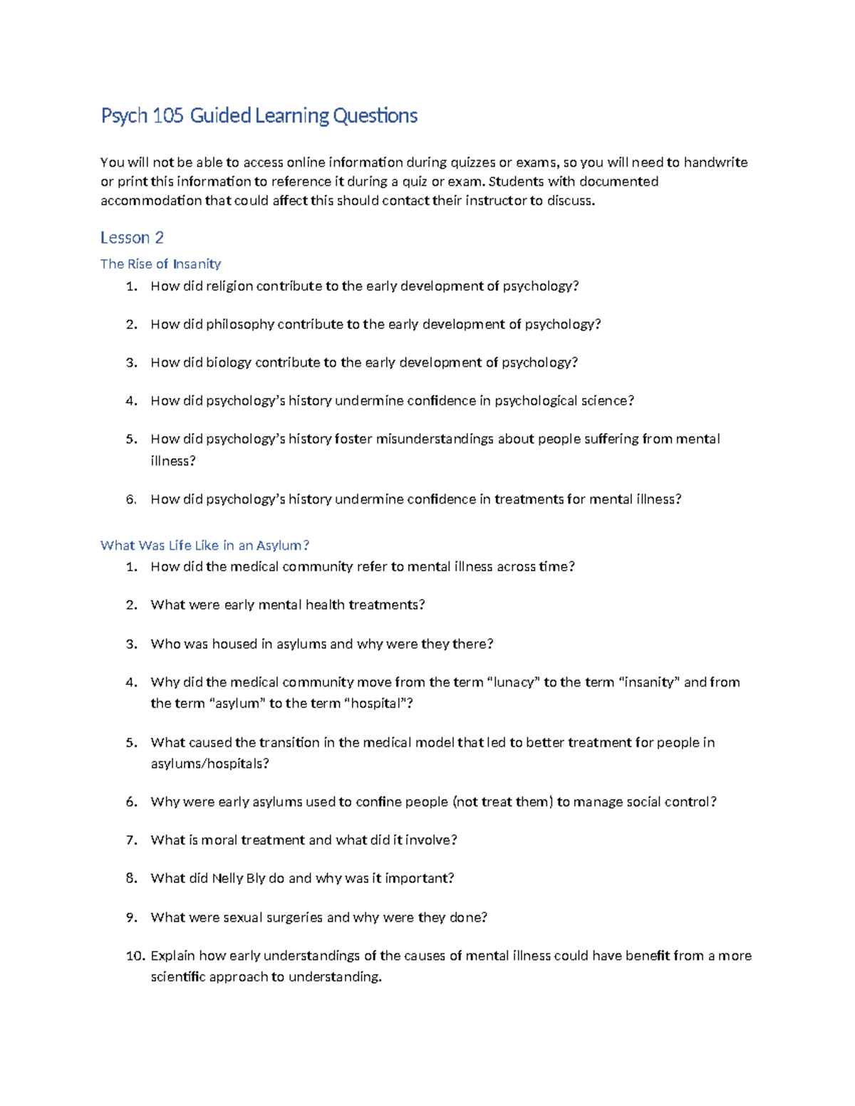 Psych 105 L2 Guided Learning Questions - Students with documented ...