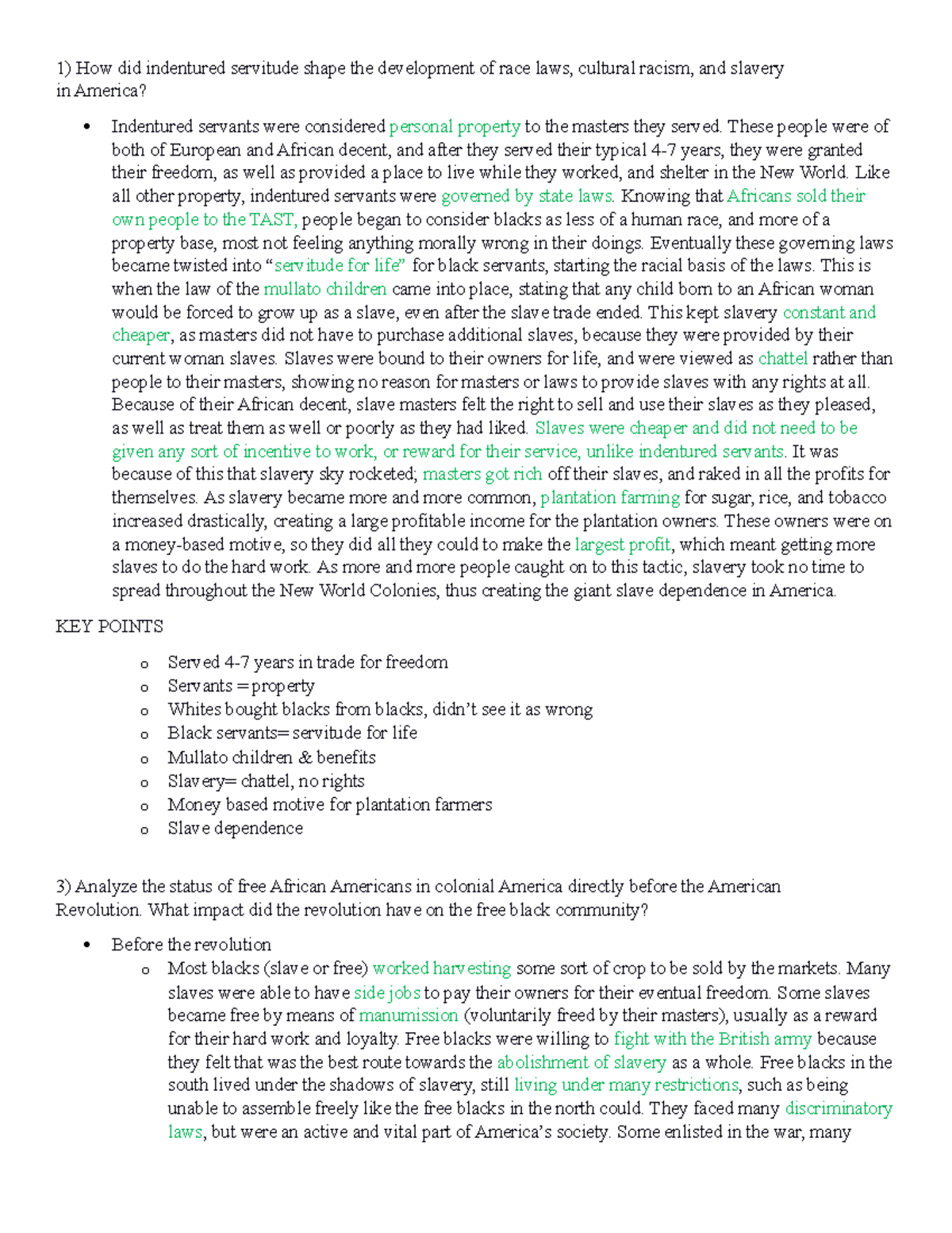 Midterm answers - Grade: A - 1) How did indentured servitude shape the ...