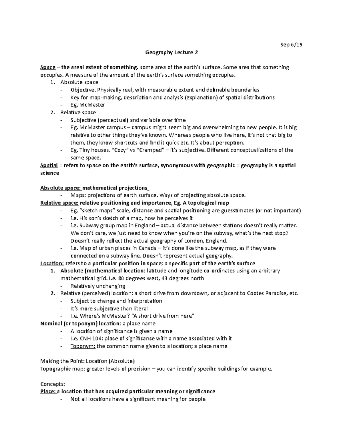 Geog Lec 2 (Sep 6) - Lecture notes 2 - Sep 6/ Geography Lecture 2 Space ...
