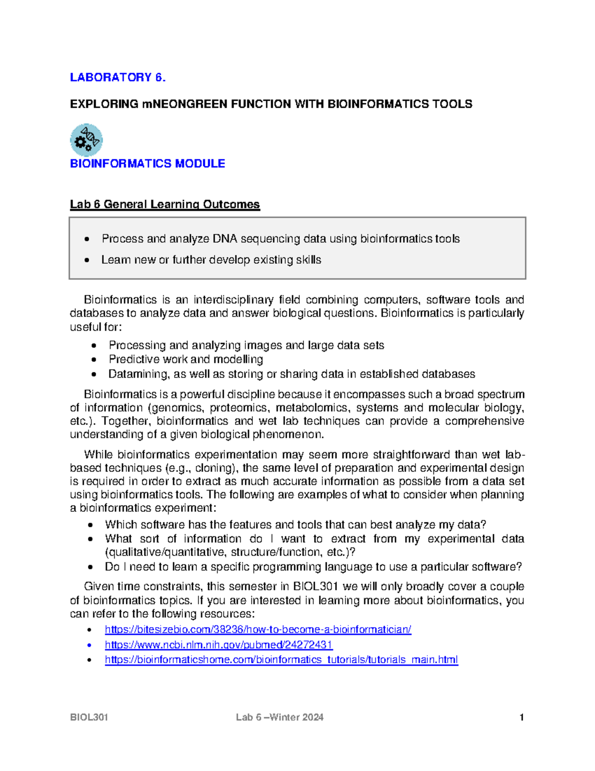 BIo 2 Lab6 Manual - LABORATORY 6. EXPLORING mNEONGREEN FUNCTION WITH BIOINFORMATICS TOOLS - Studocu