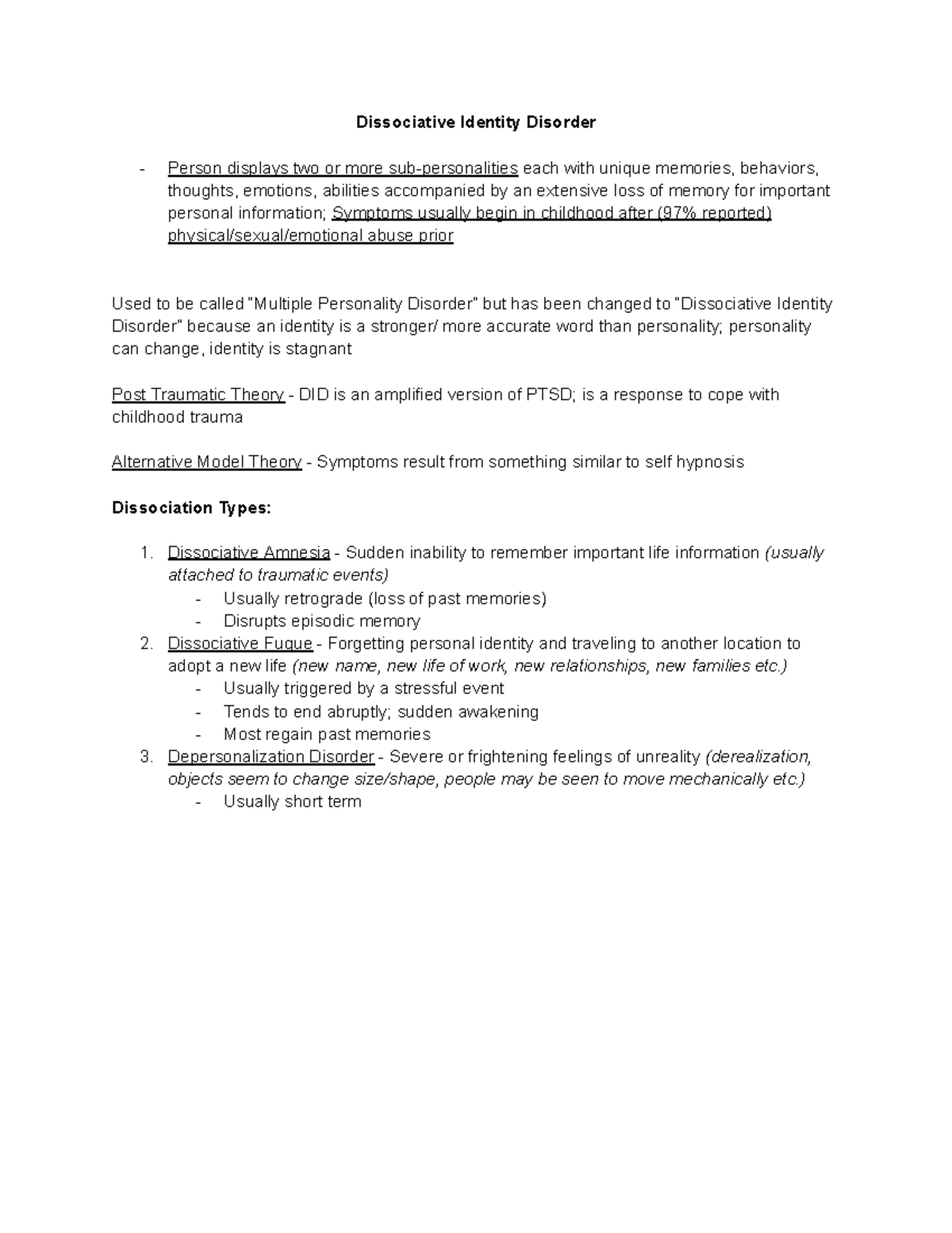 Psychology Notes - Abnormal Psychology - Google Docs - Dissociative ...
