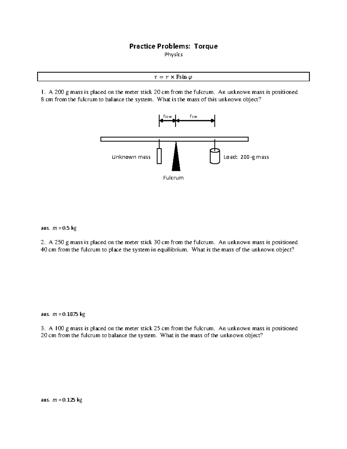 physics 2 torque problems pdf, theory and practicals - Practice ...