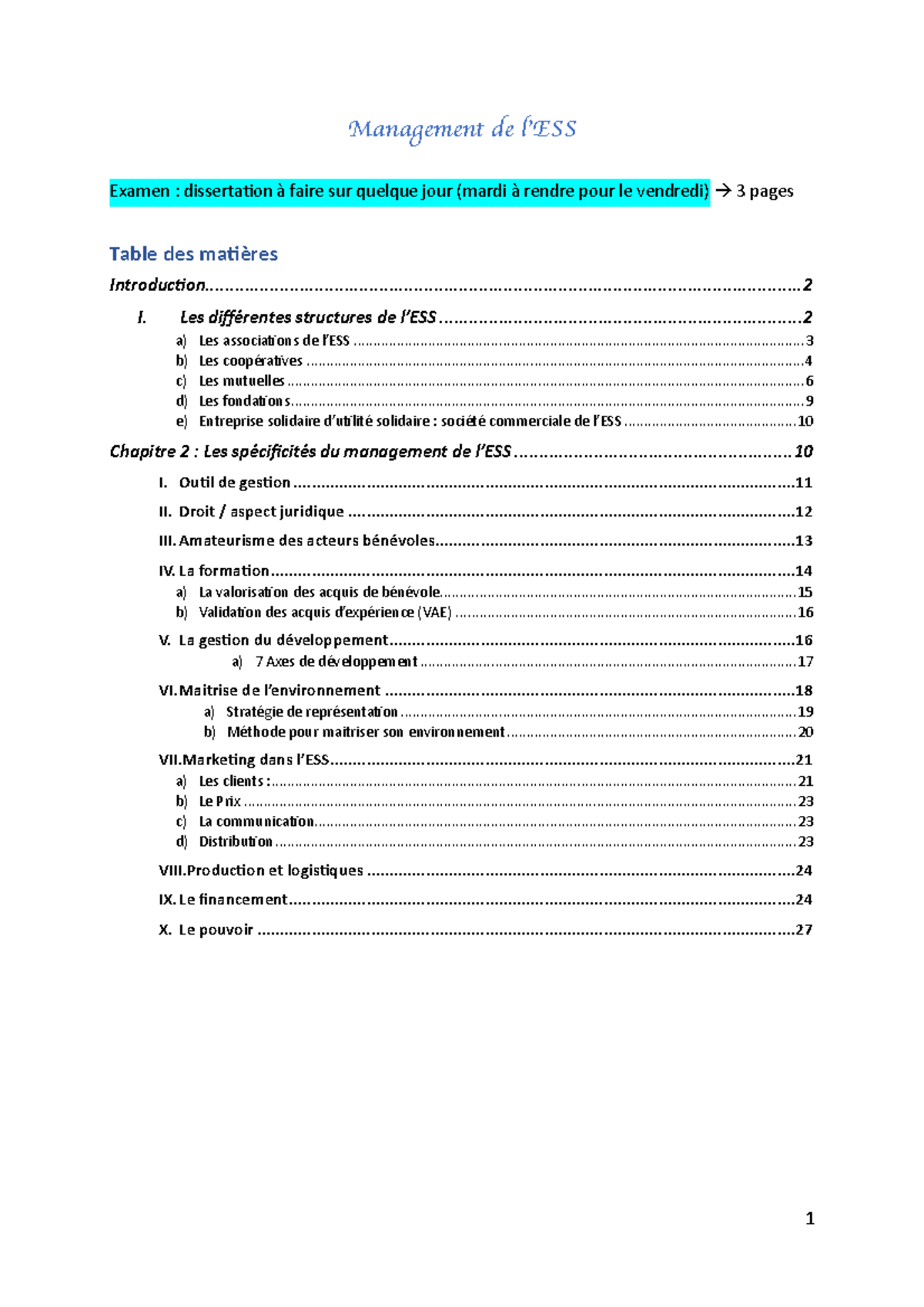 Management de l'ESS - Management de l’ESS Examen : disserta à faire sur ...