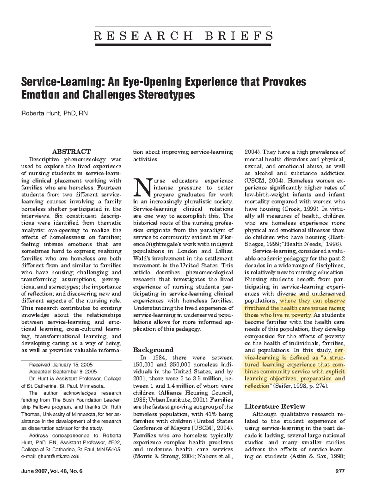 Service-Learning An Eye-Opening Experience that Provokes Emotion and ...