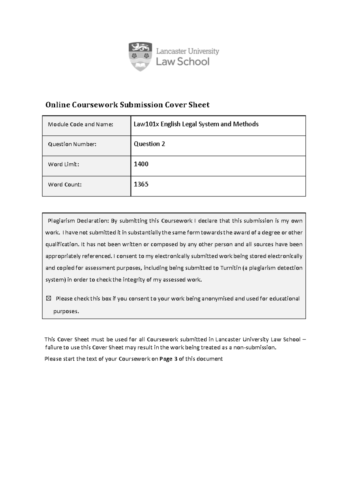 Law 101 Profolio - Portfolio - “Online Coursework Submission Cover ...