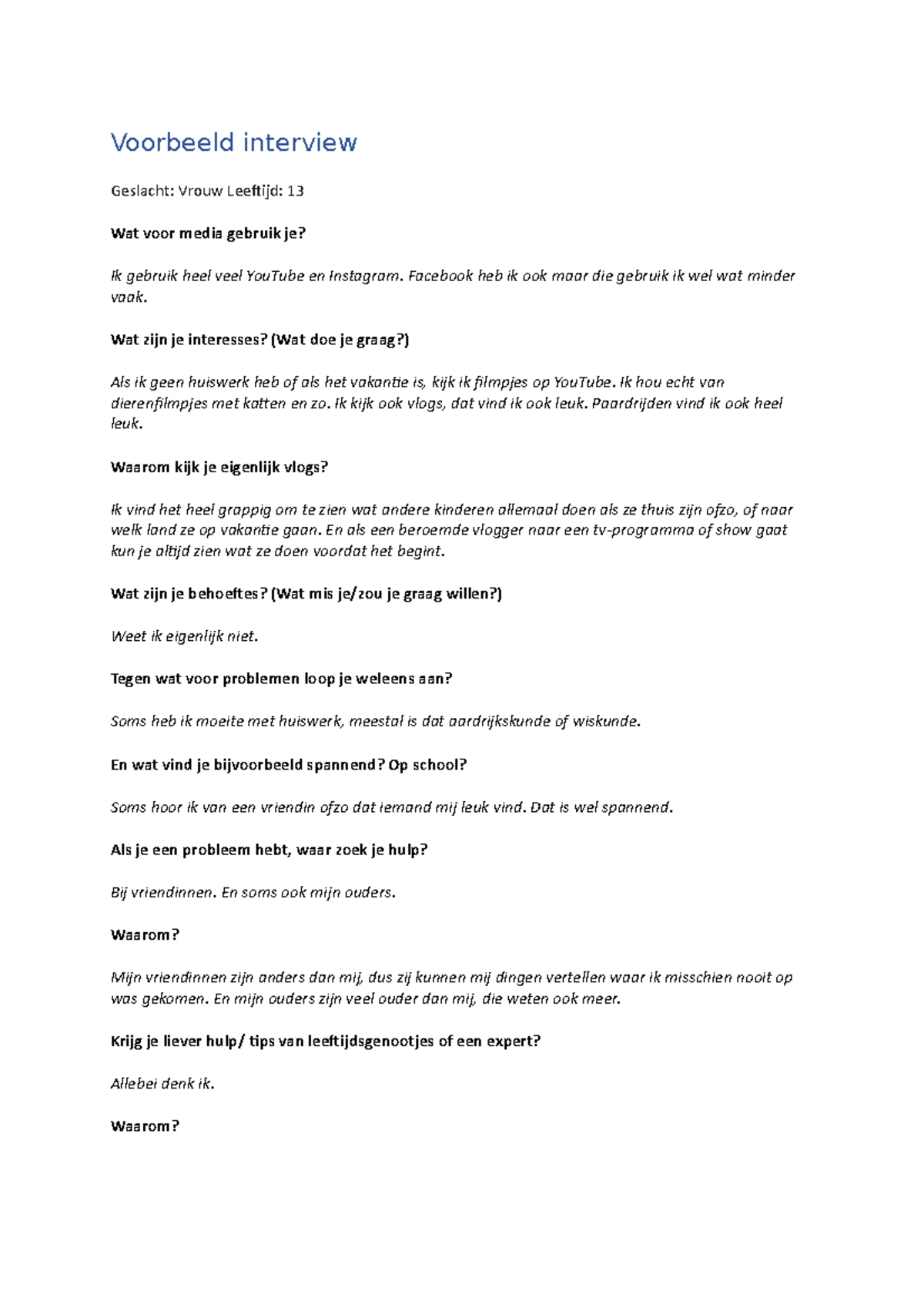 Voorbeeld interview - oefenmateriaal - Voorbeeld interview Geslacht ...