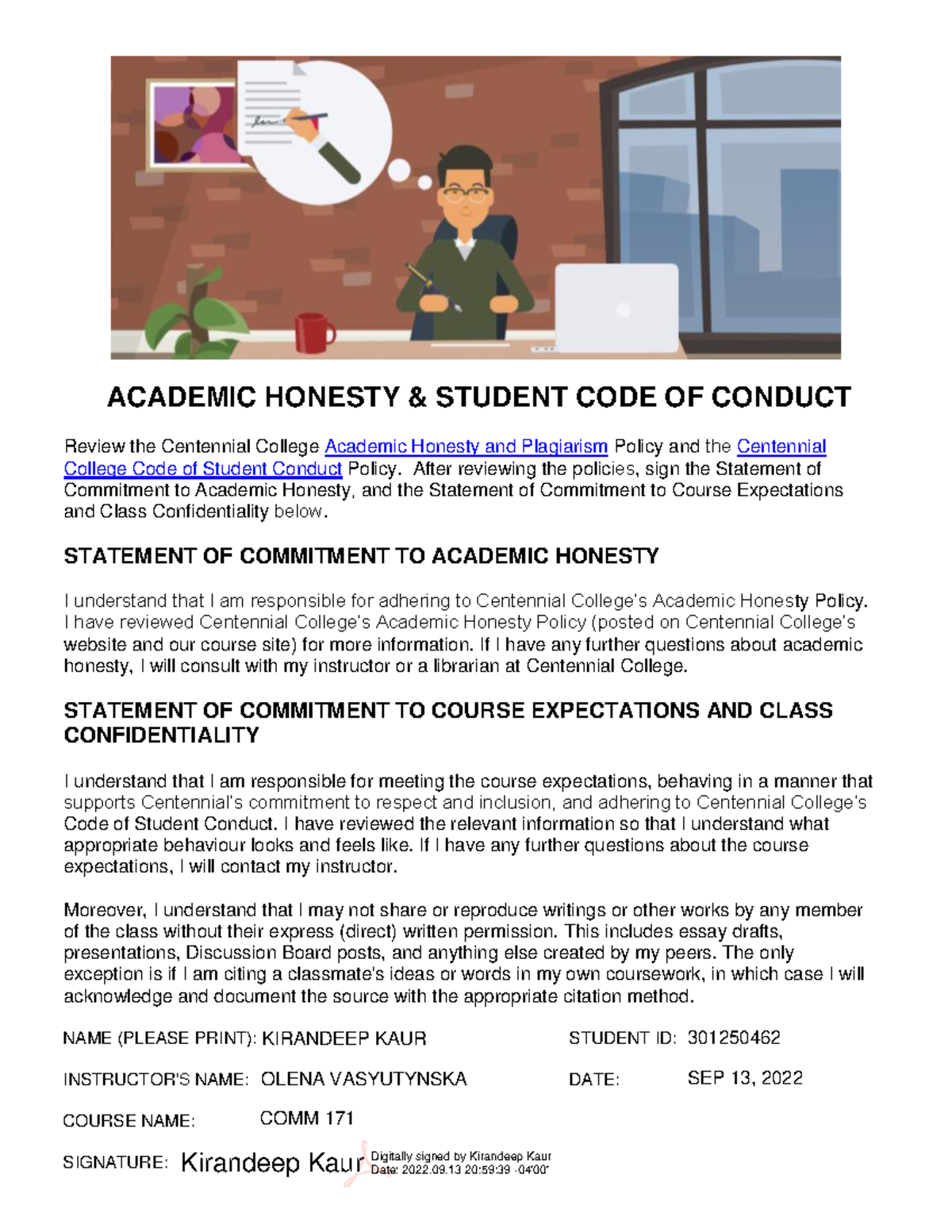 Academic Honesty 171 - form - ACADEMIC HONESTY & STUDENT CODE OF ...
