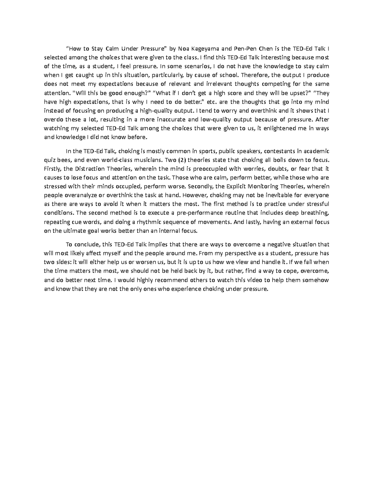 TED-Ed Talk analyze LIT 2nd Q - “How to Stay Calm Under Pressure” by ...