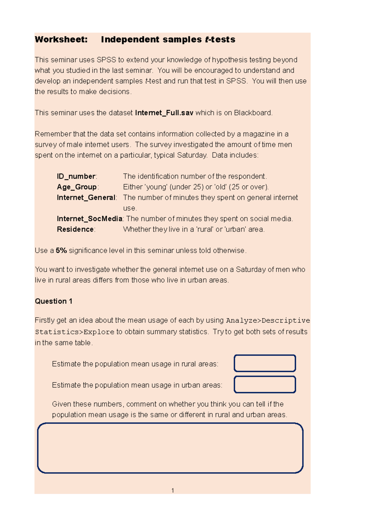 Worksheet independent samples t-test in SPSS - Worksheet: Independent ...