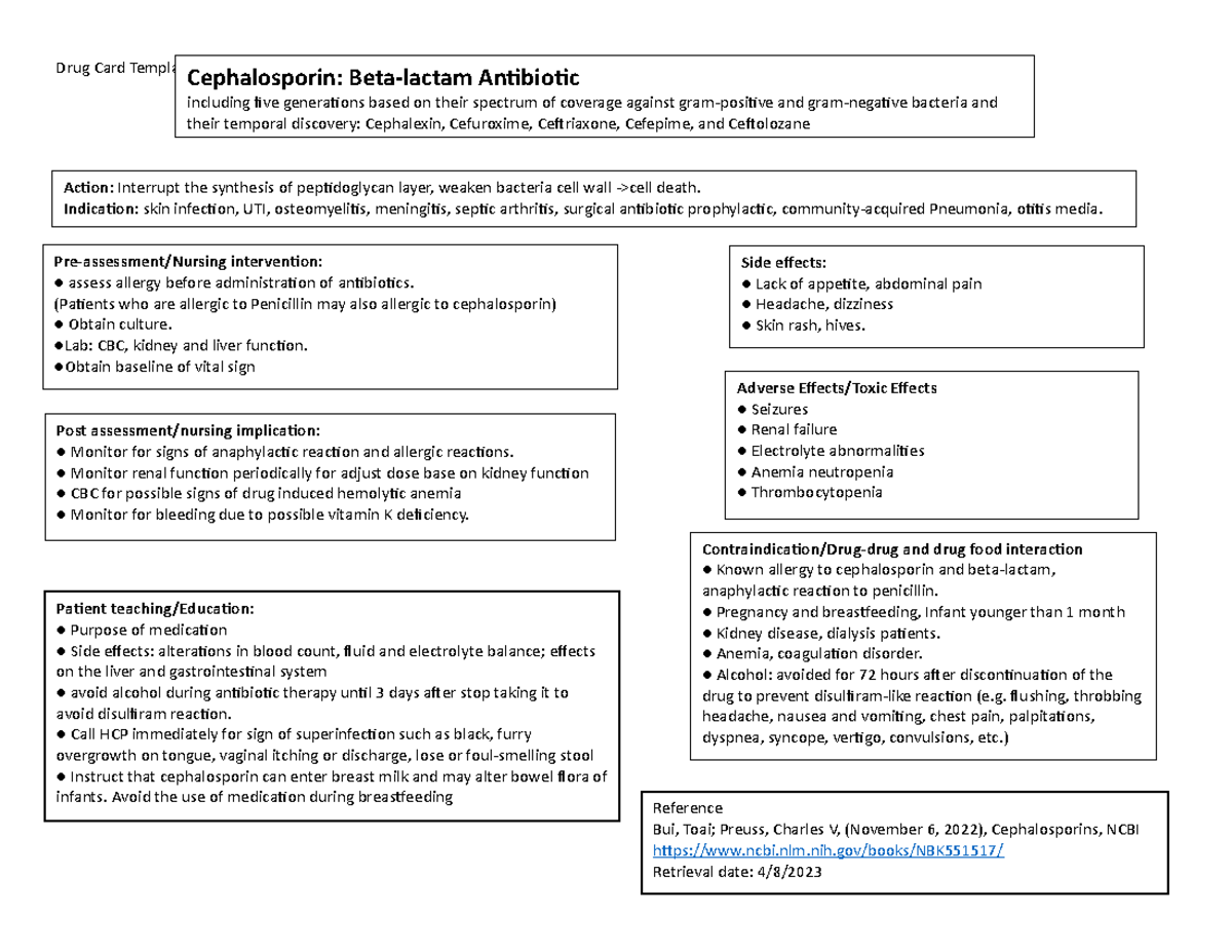 Cephalosporin med card - Drug Card Template Cephalosporin: Beta-lactam ...