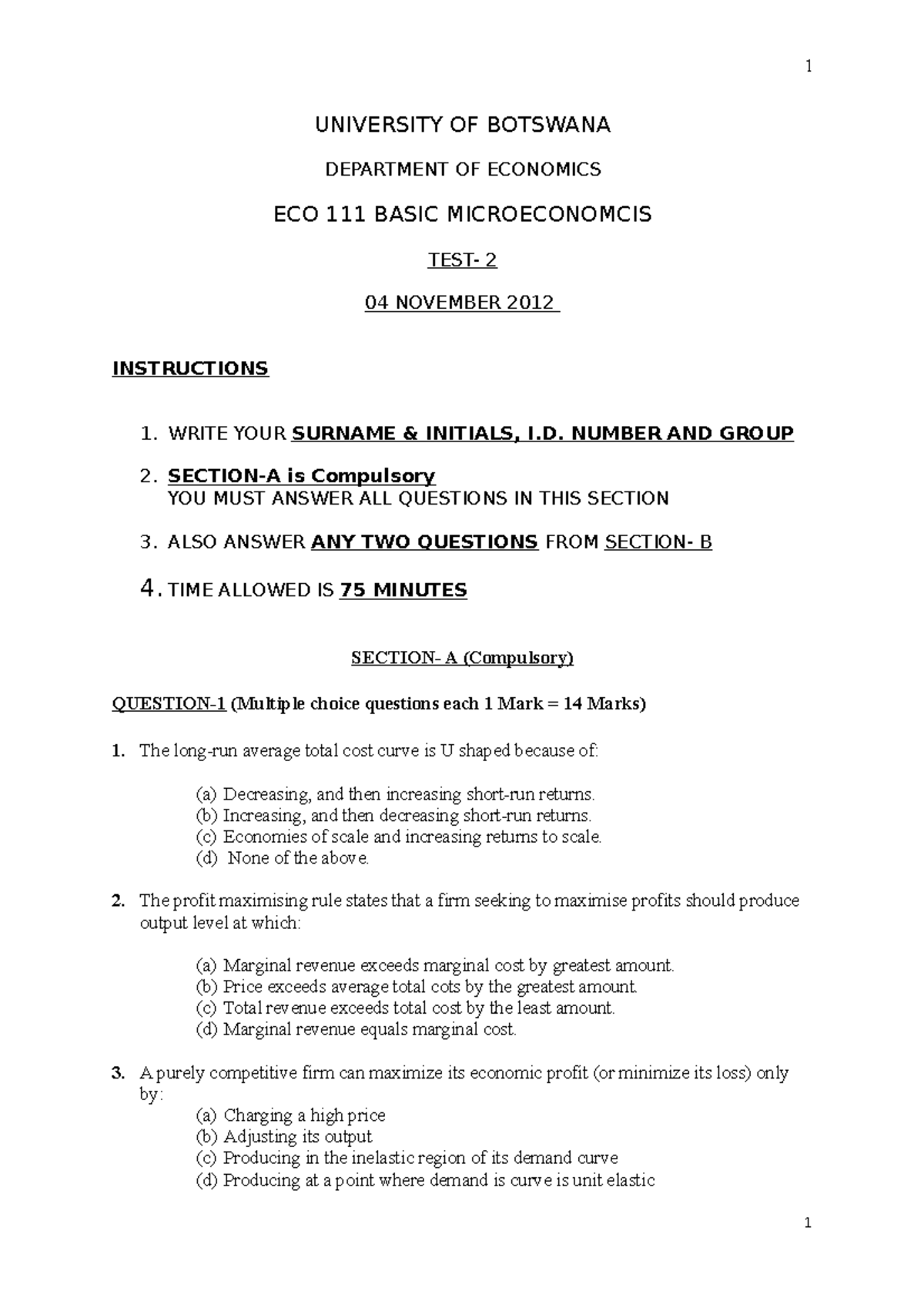 ECO 111- Test-2 2012-13 - UNIVERSITY OF BOTSWANA DEPARTMENT OF ...