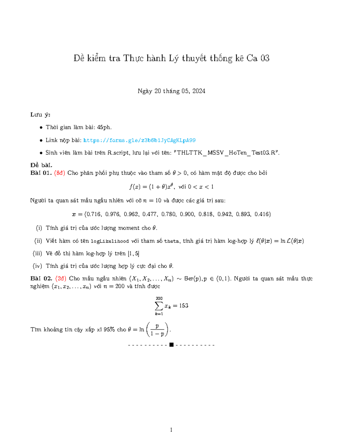 Test03 Ca03 - Test - Đề kiểm tra Thực hành Lý thuyết thống kê Ca 03 ...