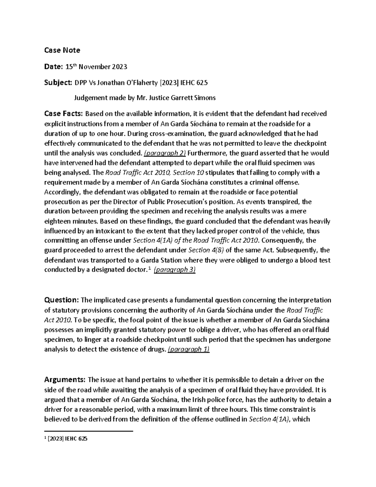 Case Note Assignment - Case Note Date: 15 th November 2023 Subject: DPP ...