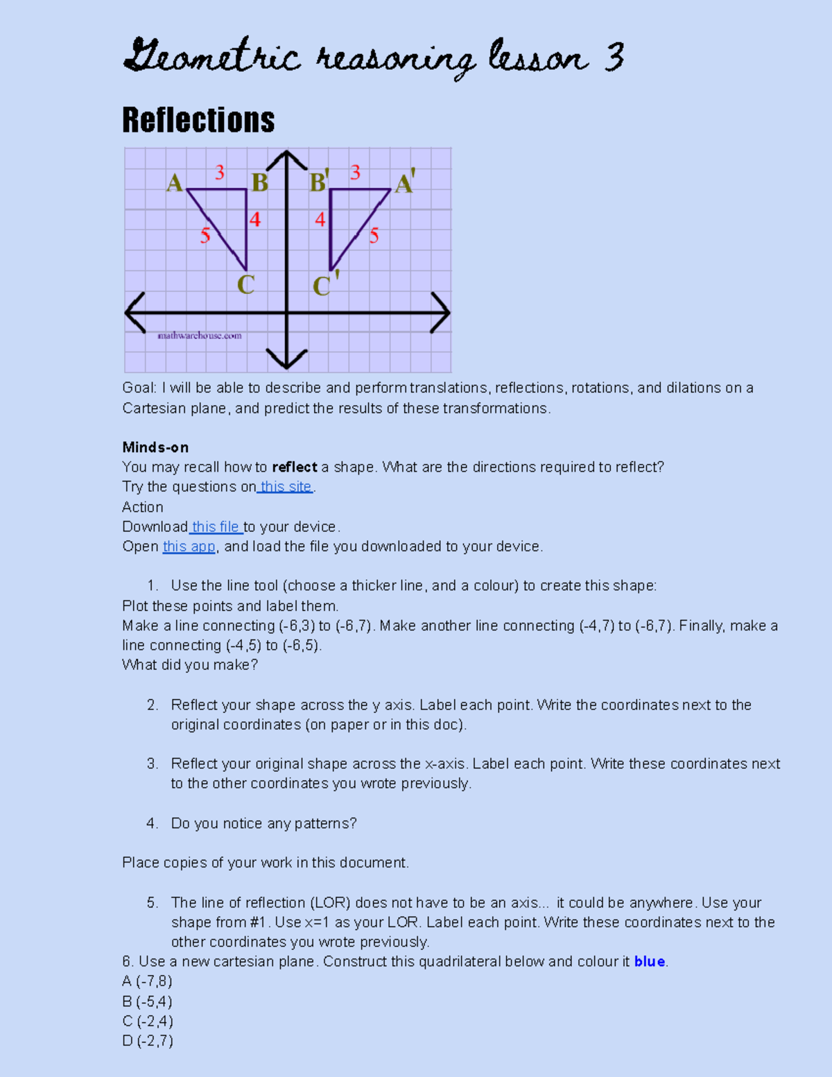Geometric reasoning lesson 3 - Geometric rsoning leon 3 Reflections ...