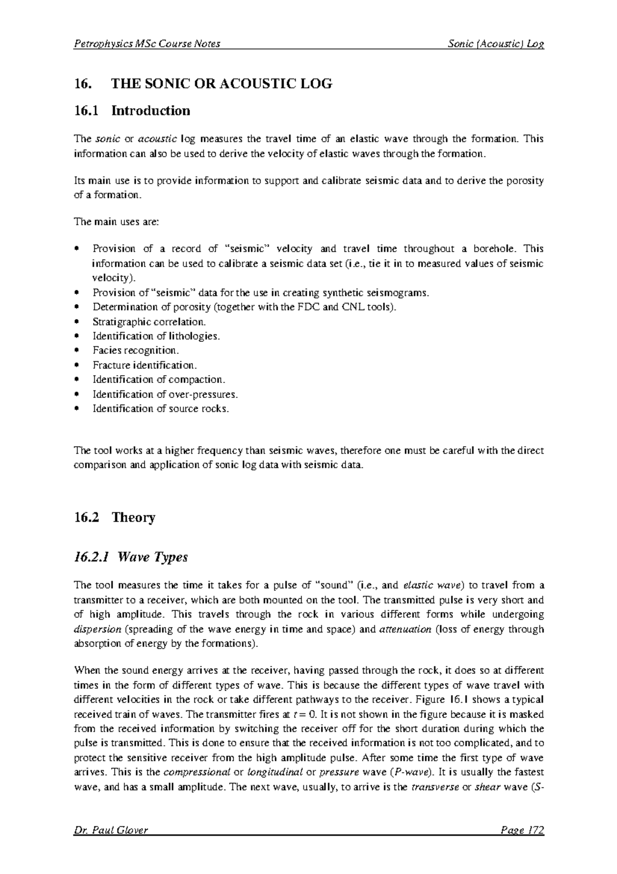 12 Sonic Logging - lecture notes - 16. THE SONIC OR ACOUSTIC LOG 16 ...