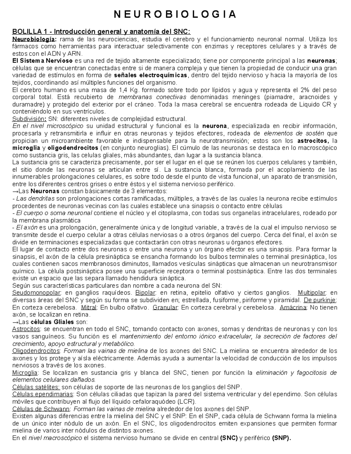 Neuro Final 2021 - resumen - N E U R O B I O L O G I A BOLILLA 1 ...