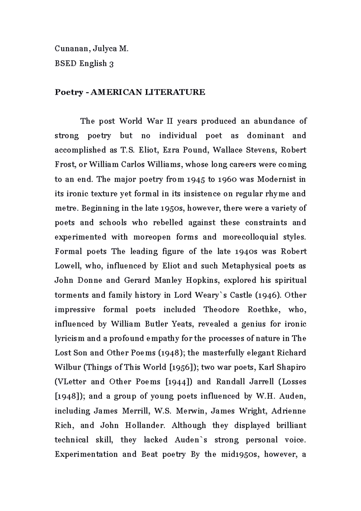 Poetry - American Literature - Cunanan, Julyca M. BSED English 3 Poetry ...