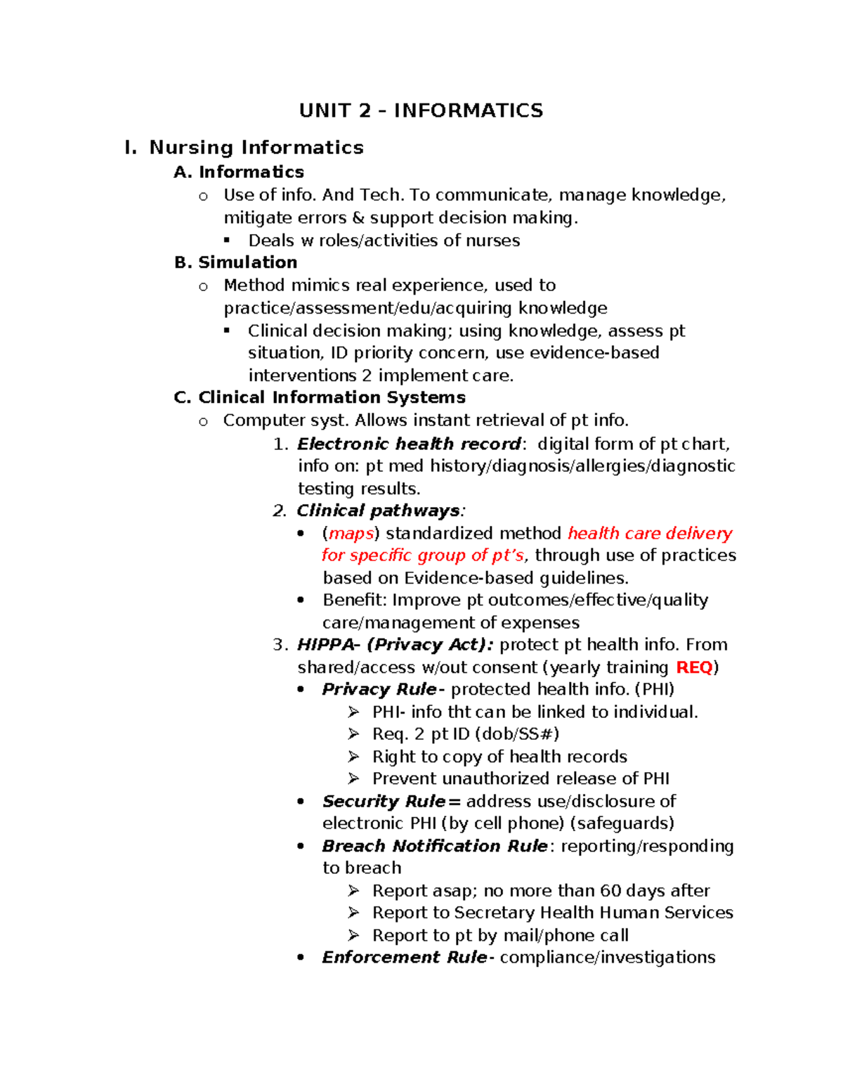 Informatics-module U 2 - UNIT 2 – INFORMATICS I. Nursing Informatics A ...