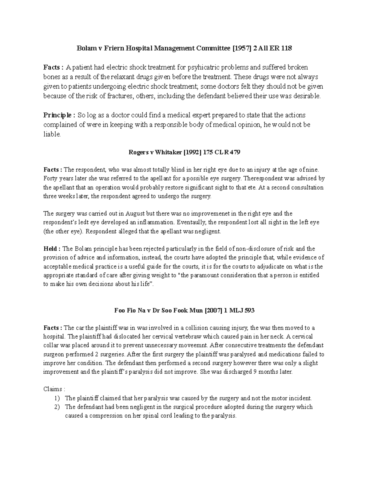 Cheryl Tort Week 8 Tutorial Prep - Bolam v Friern Hospital Management ...