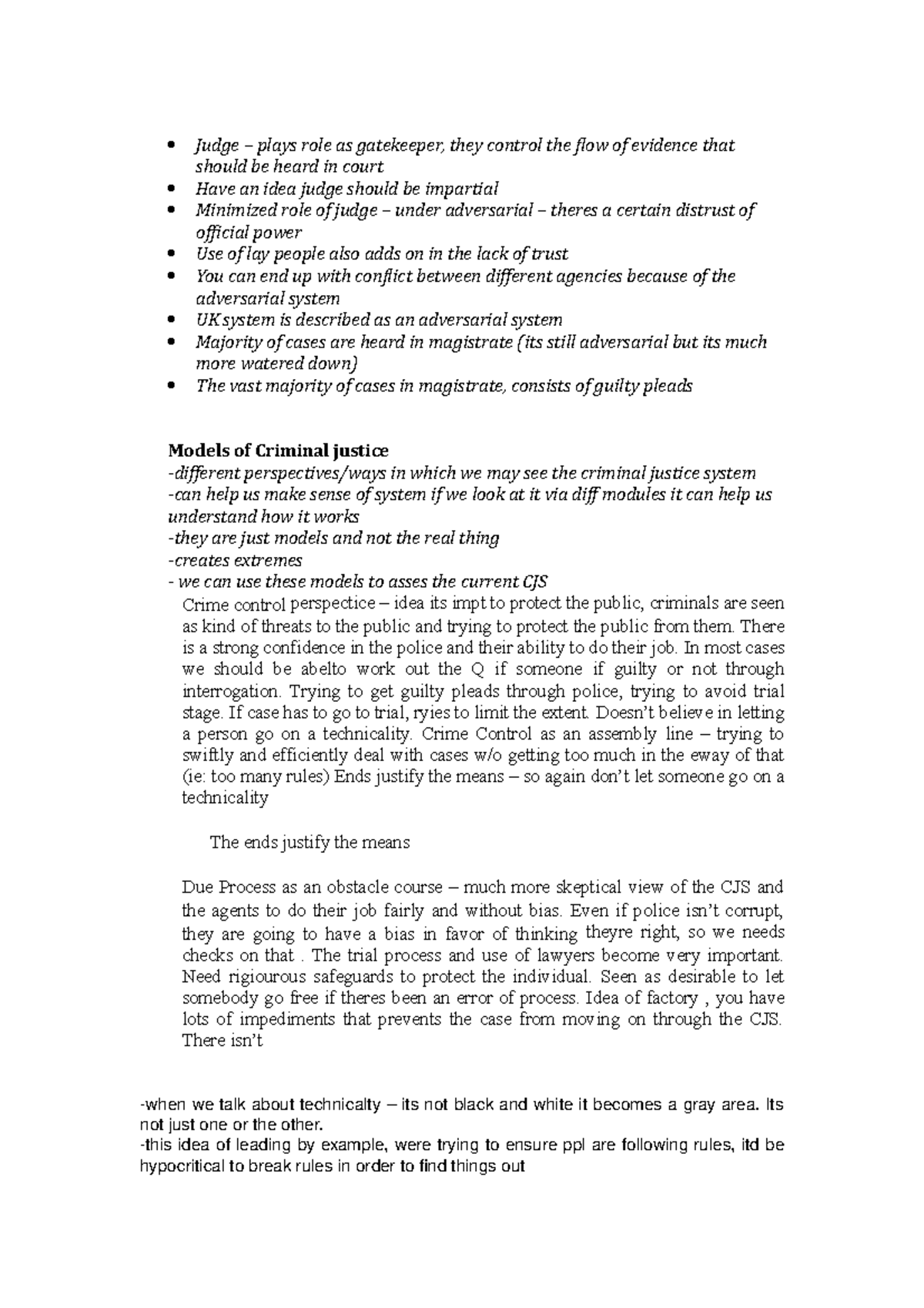 Lecture notes, lecture 1 - Criminal justice system - Judge plays role ...
