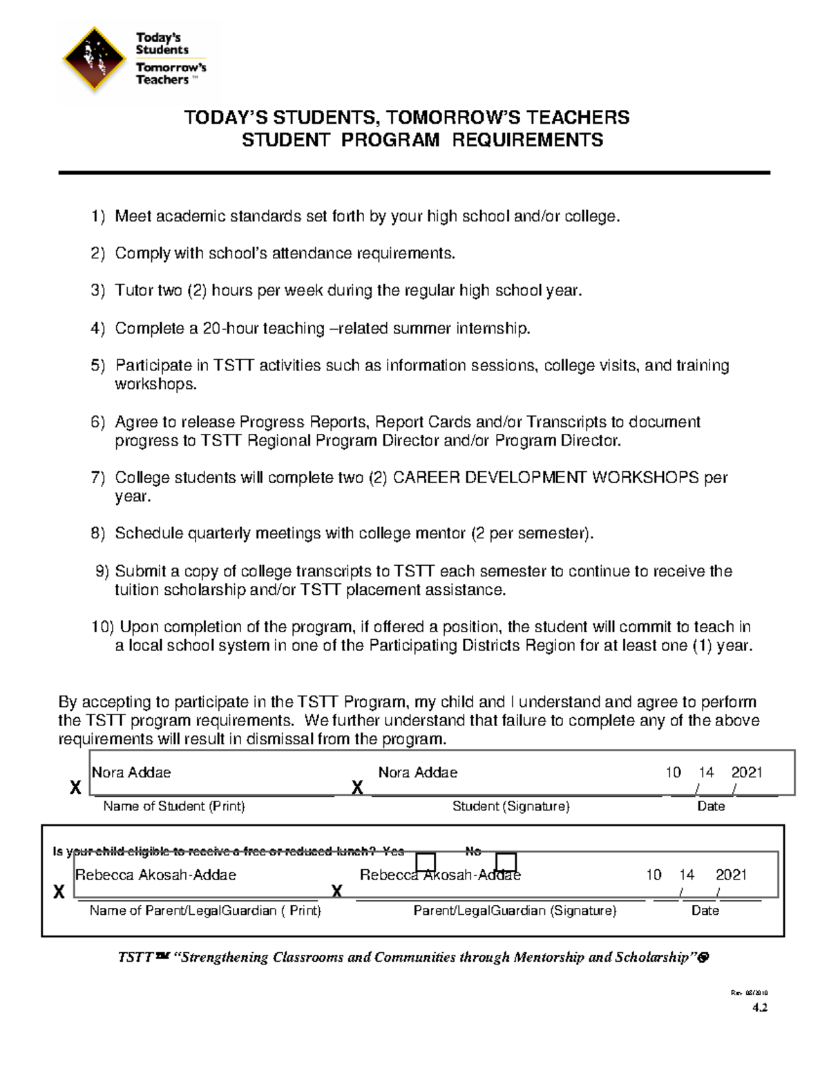 Fillable TSTT Student Program Requirements - TSTT “Strengthening ...