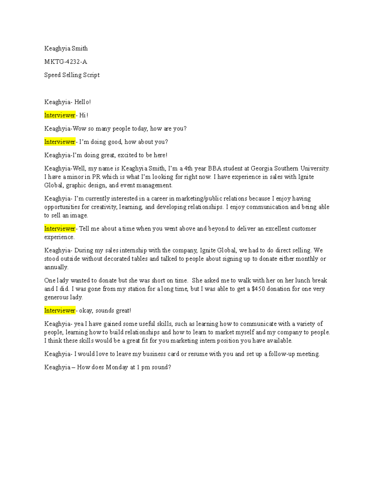 Speed selling script - Keaghyia Smith MKTG-4232-A Speed Selling Script ...