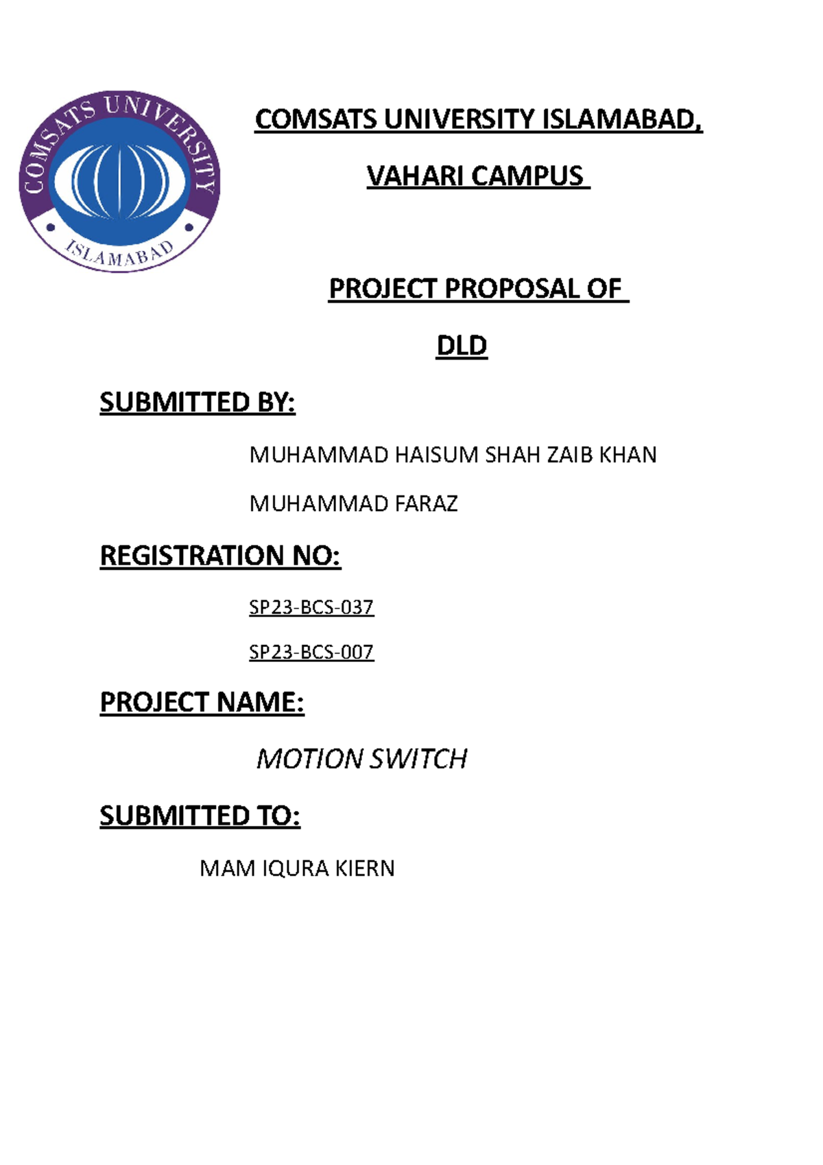 Project Proposal OF DLD - COMSATS UNIVERSITY ISLAMABAD, VAHARI CAMPUS PROJECT PROPOSAL OF DLD ...
