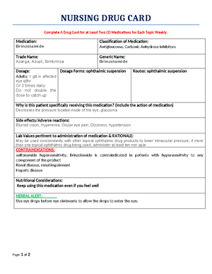 drug card pharmacology - NURSING DRUG CARD Complete A Drug Card for at ...