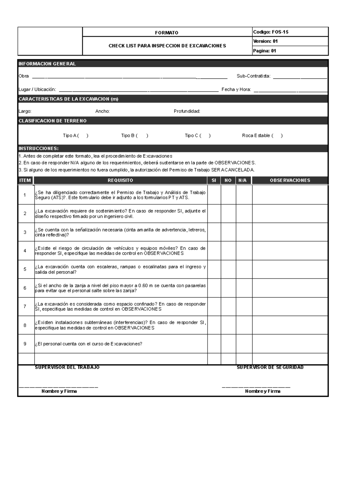 426866483 Check List Para Excavaciones - FORMATO Codigo: FOS- CHECK ...