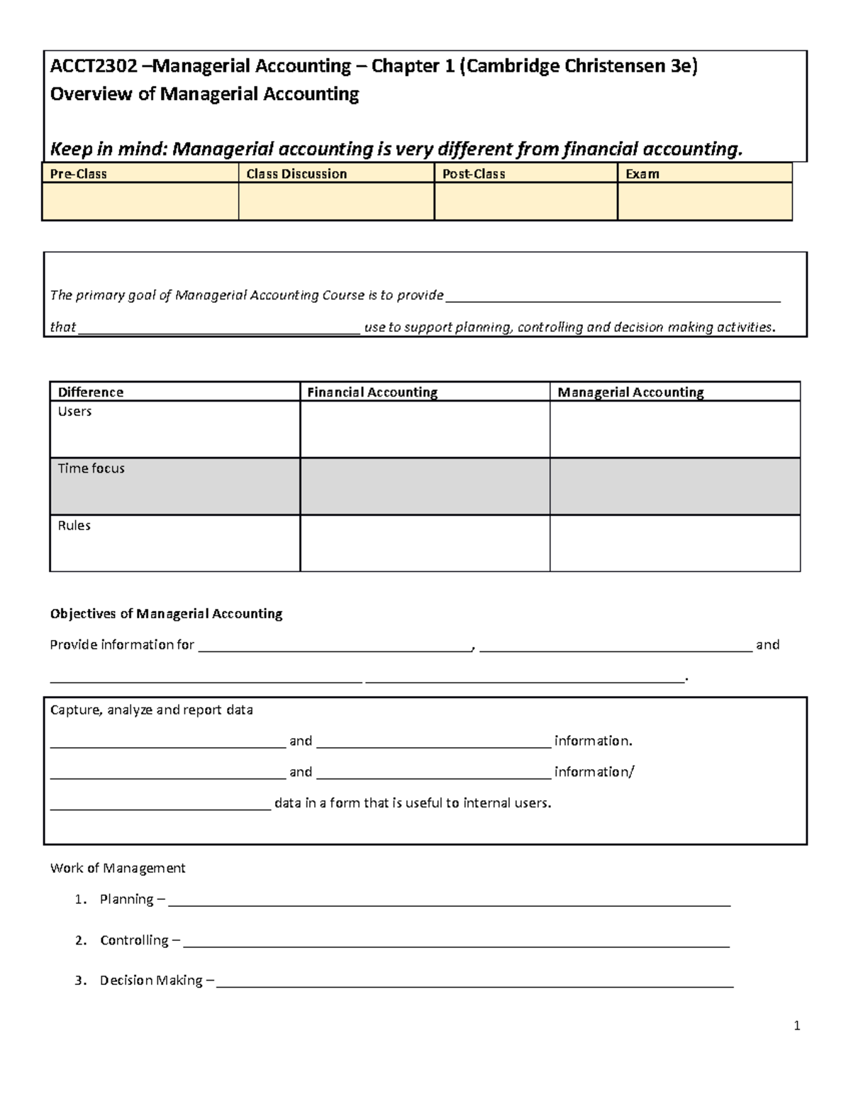Chap 1 and 2 1 In class Handout 3e - ACCT2302 –Managerial Accounting ...