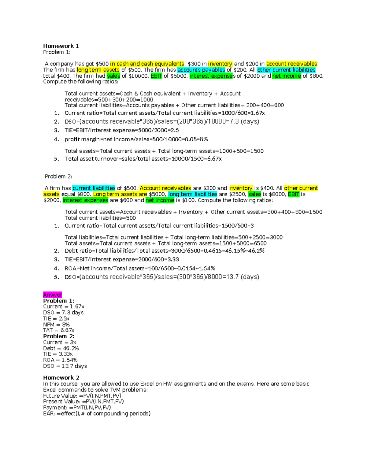 Homework FIN 3331 - jhjgi - Homework 1 Problem 1: A company has got $500 in cash and cash - Studocu
