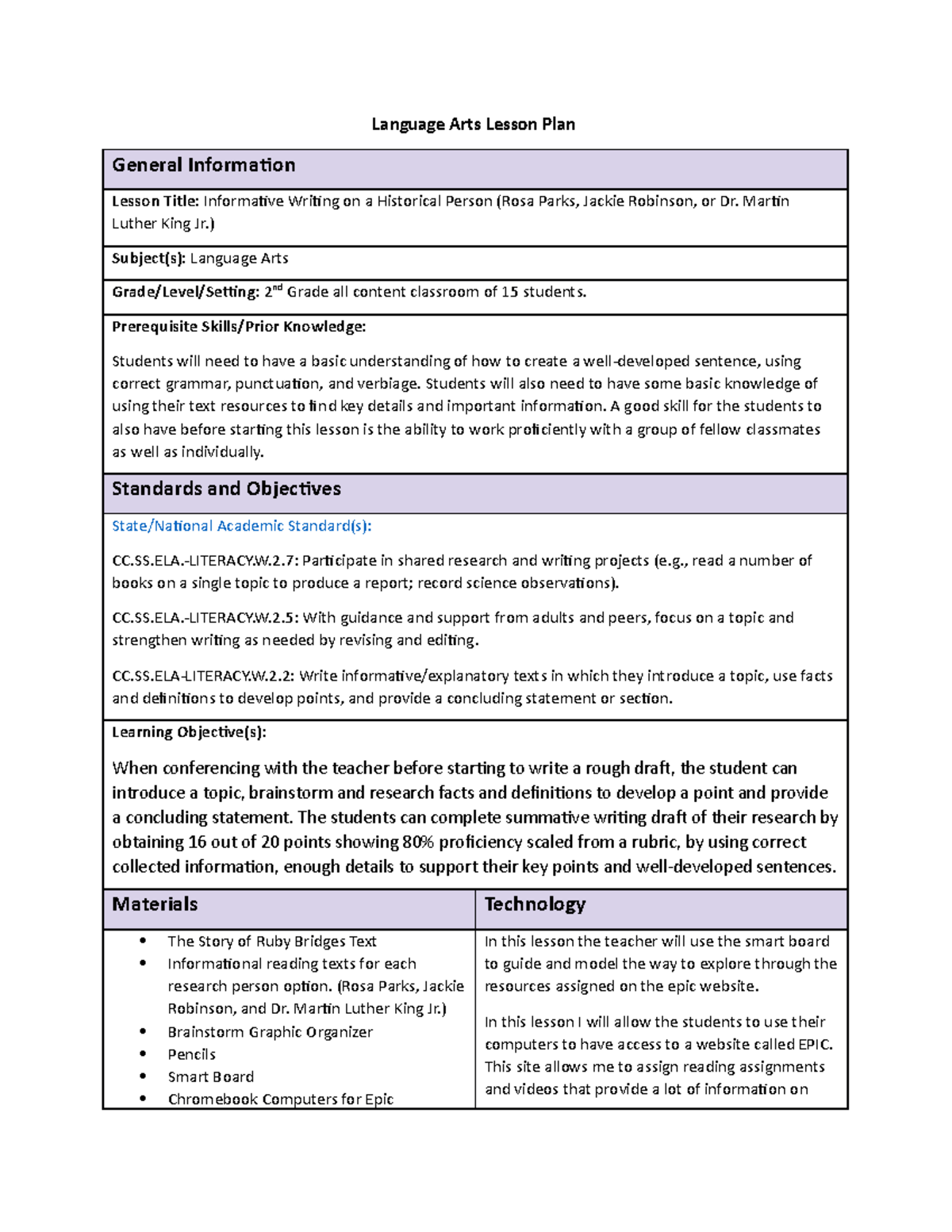 Language Arts Lesson Plan - Language Arts Lesson Plan General ...