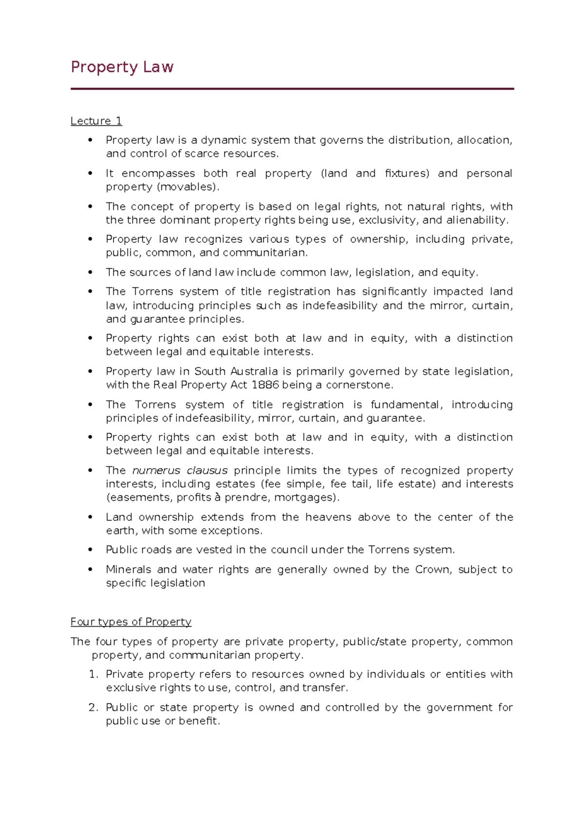 Property Law Notes - Lecture 1 - Property Law Lecture 1 Property law is ...