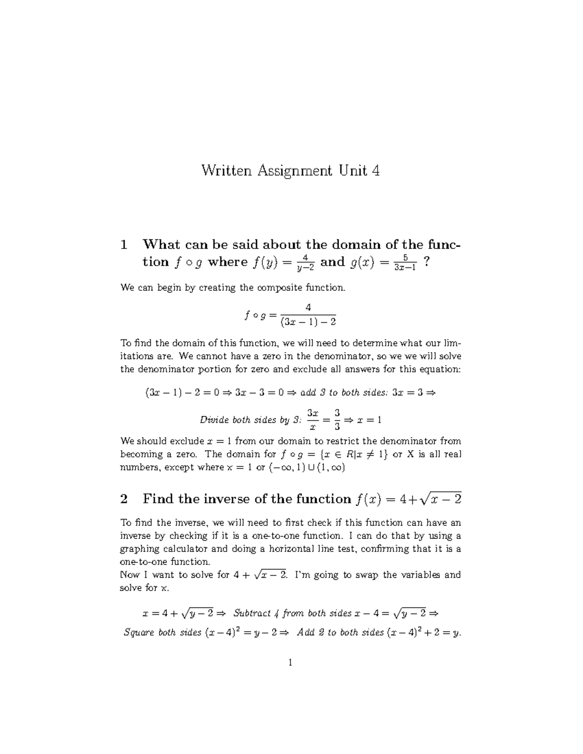 Unit 4 2 Assignment Written Assignment Unit 4 1 What Can Be Said About The Domain Of The Func