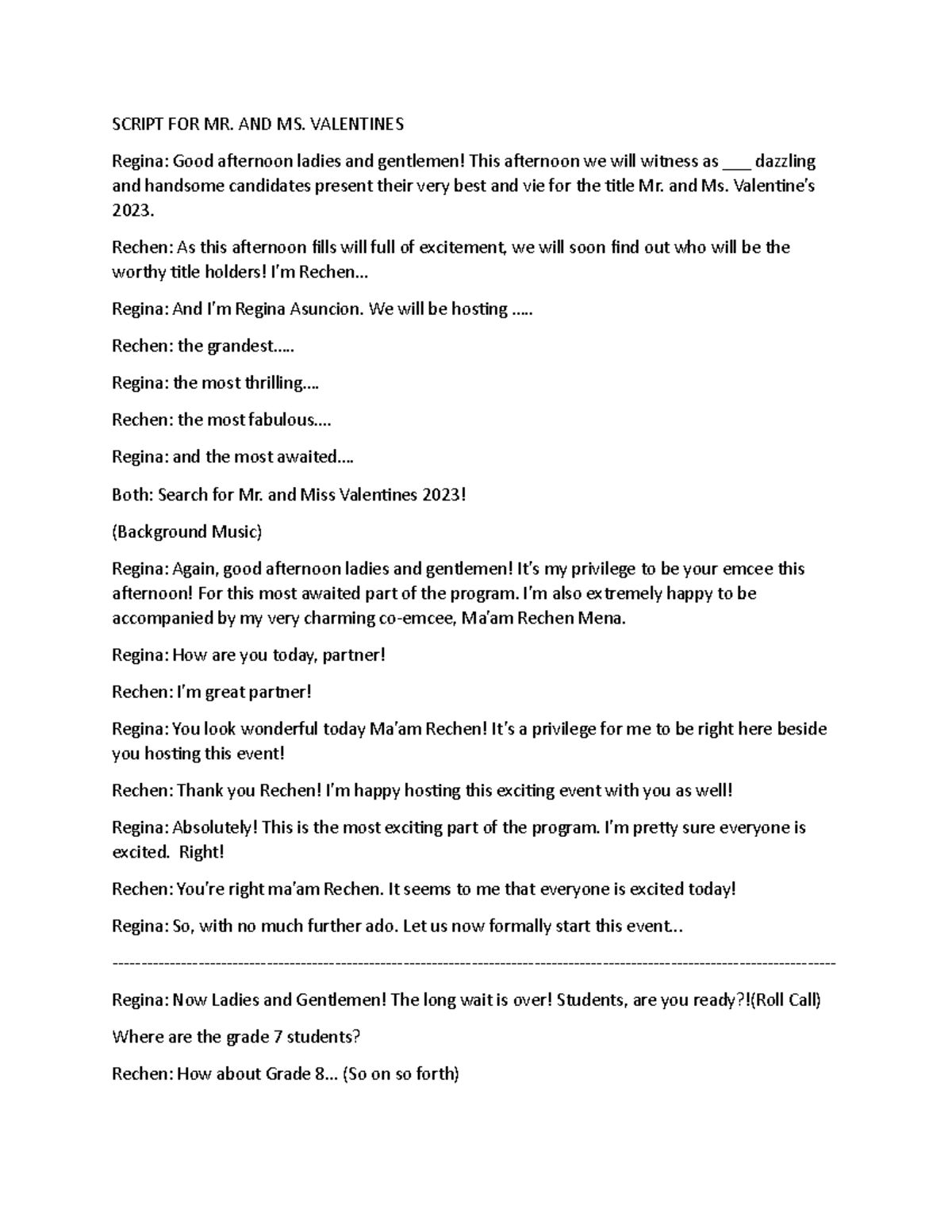 Script FOR Search - Copy - SCRIPT FOR MR. AND MS. VALENTINES Regina ...