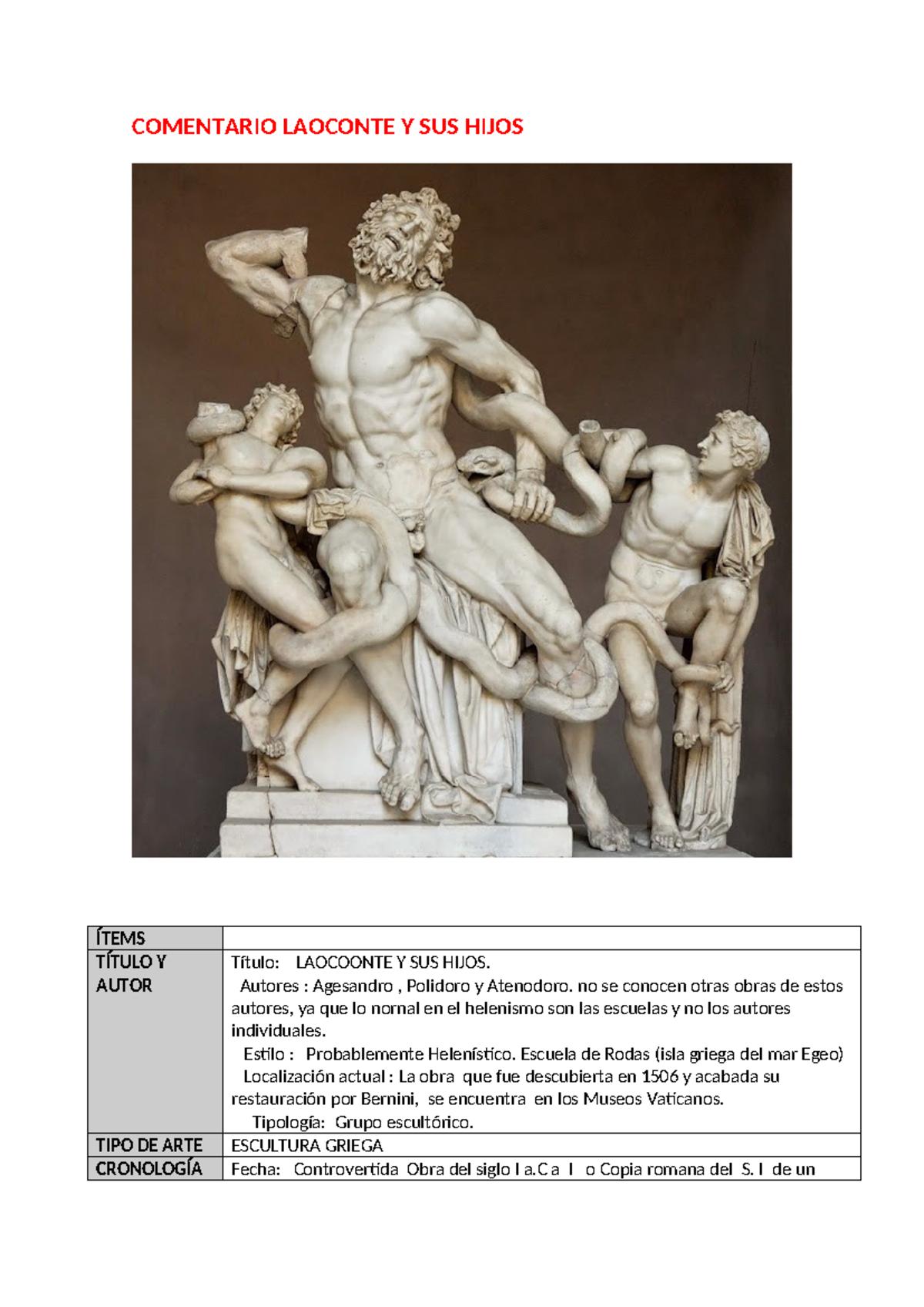 Comentario Laoconte Y SUS Hijos (1) - COMENTARIO LAOCONTE Y SUS HIJOS ...