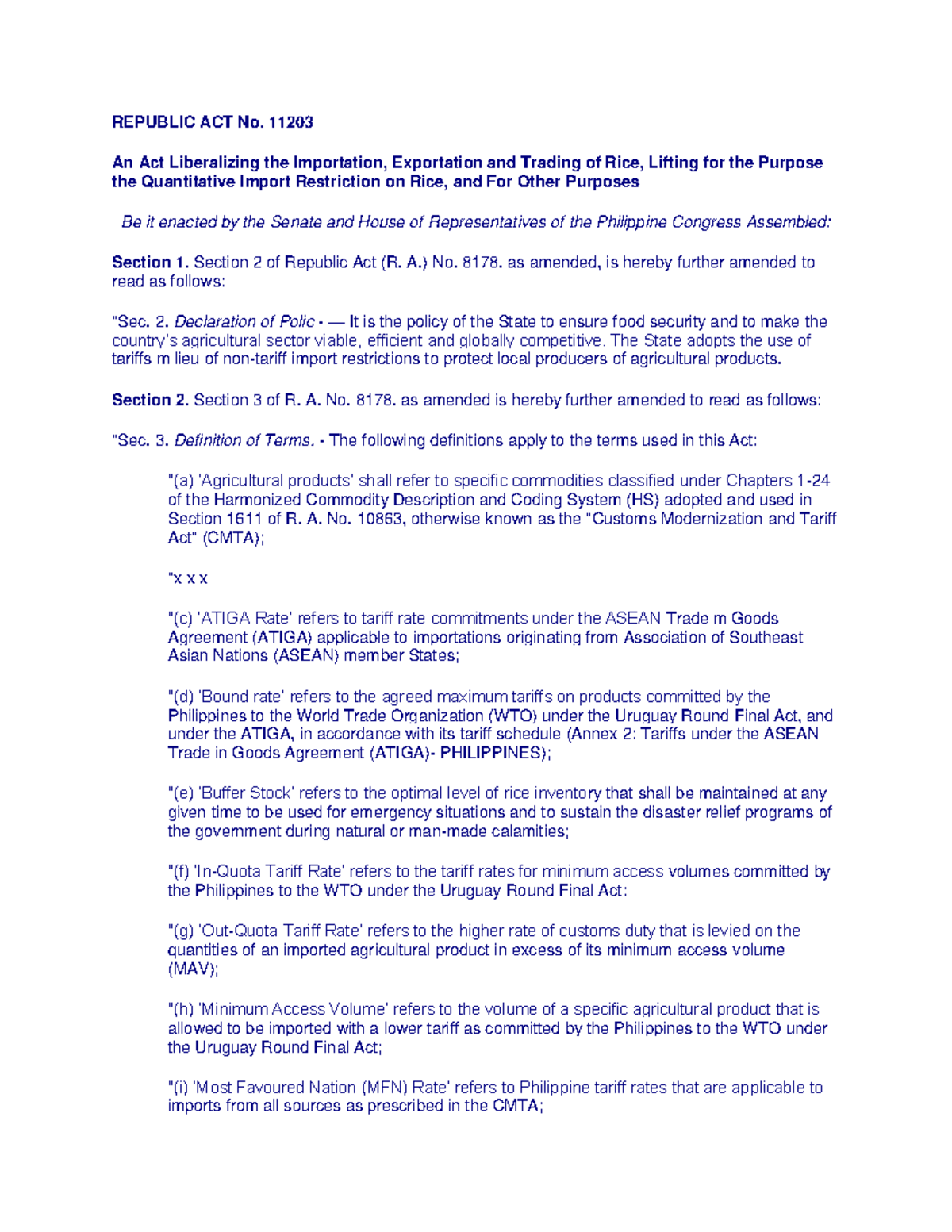 Rice Tarrification Law - REPUBLIC ACT No. 11203 An Act Liberalizing the ...